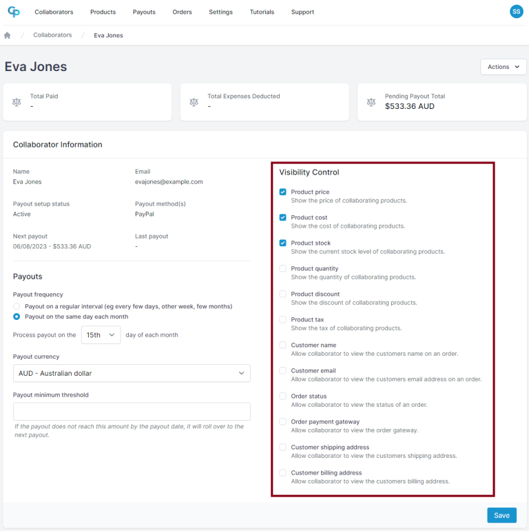 Visibility control | CollabPay Documentation
